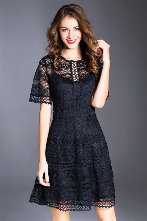 Chic robe bleu nuit courte haut dentelle transparent à manche