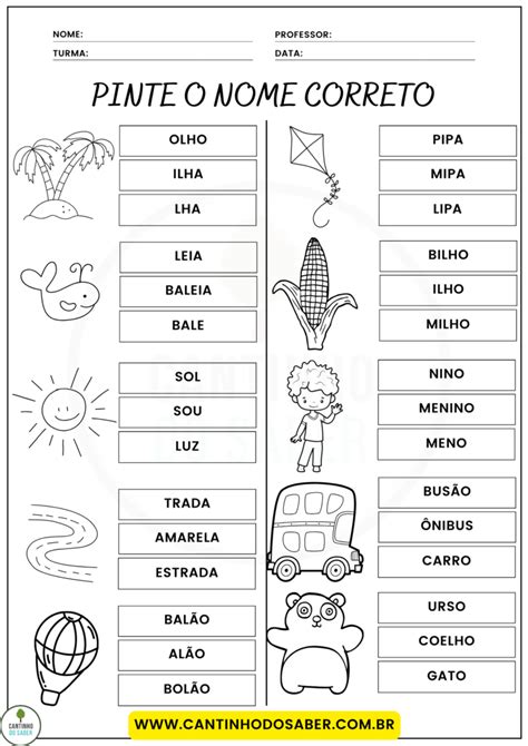 ATIVIDADES PINTE O NOME CORRETO PARA ENSINO FUNDAMENTAL