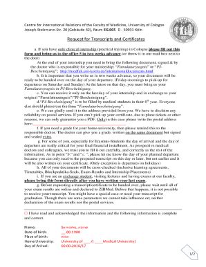 Fillable Online Medfak Uni Koeln Request For Transcripts And