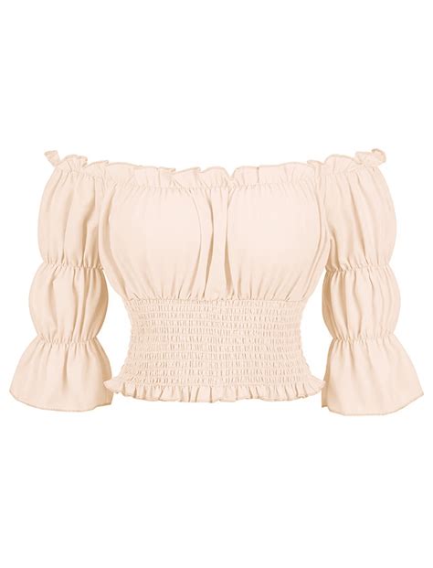 IWEMEK Women Tops Casual Summer Boho Off Shoulder Blouses Solid Beige