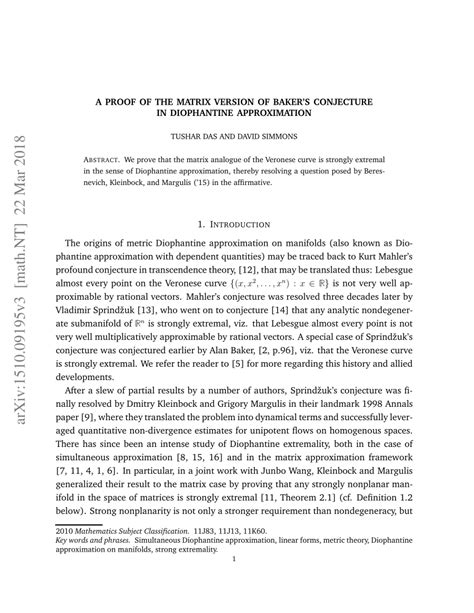 pdf a proof of the matrix version of baker s conjecture in diophantine approximation