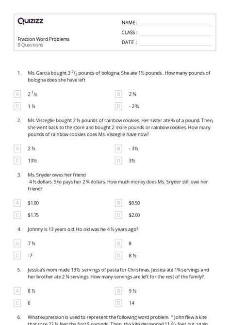 50 Fraction Word Problems Worksheets On Quizizz Free Printable