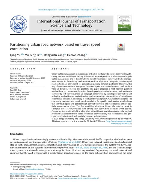pdf partitioning urban road network based on travel speed correlation