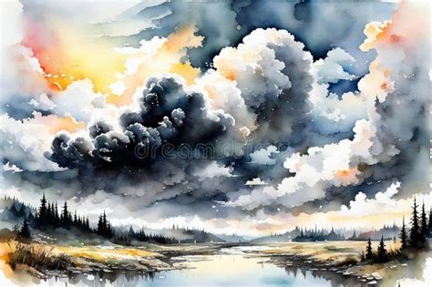Ilustração Aquarela De Um Lago Florestal Nas Montanhas Das Nuvens