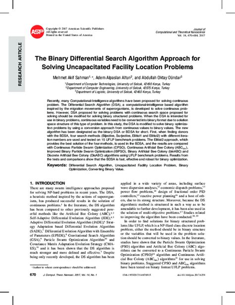 pdf the binary differential search algorithm approach for solving uncapacitated facility