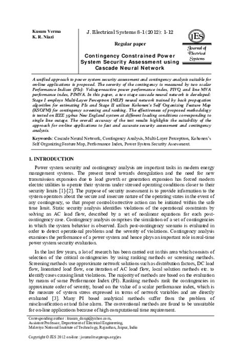 pdf contingency constrained power system security assessment using cascade neural network