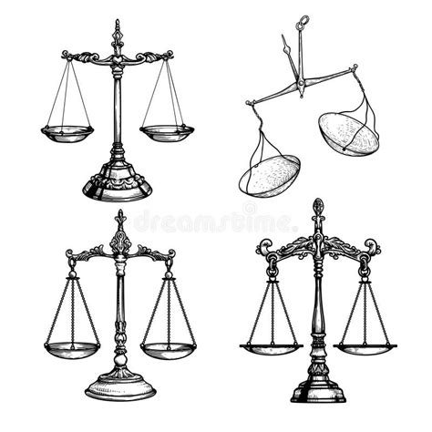 Vintage Balance Scales Set Sketch Hand Drawn Engraving Retro Style