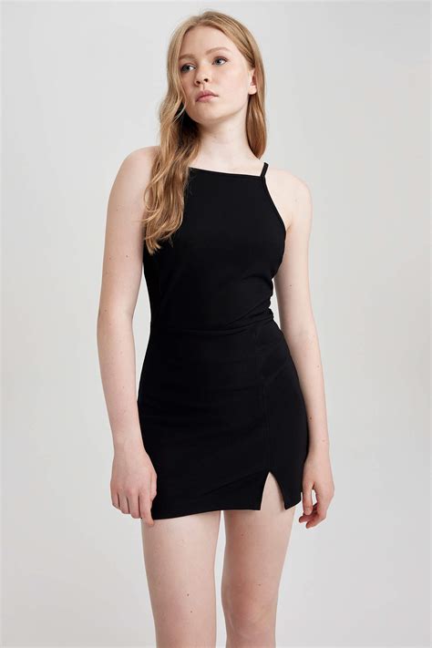 Black Woman Bodycon Mini Slit Strap Dress Defacto