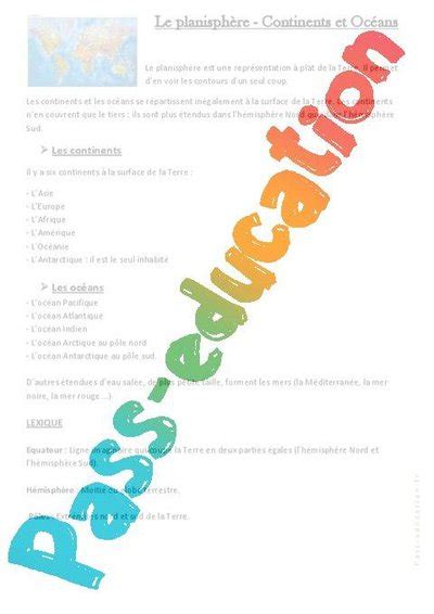 Le planisphère Continents et océans Ce2 Leçon PDF à imprimer