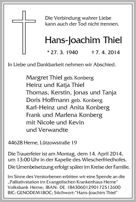 Traueranzeigen Von Hans Joachim Thiel Trauer In NRW De