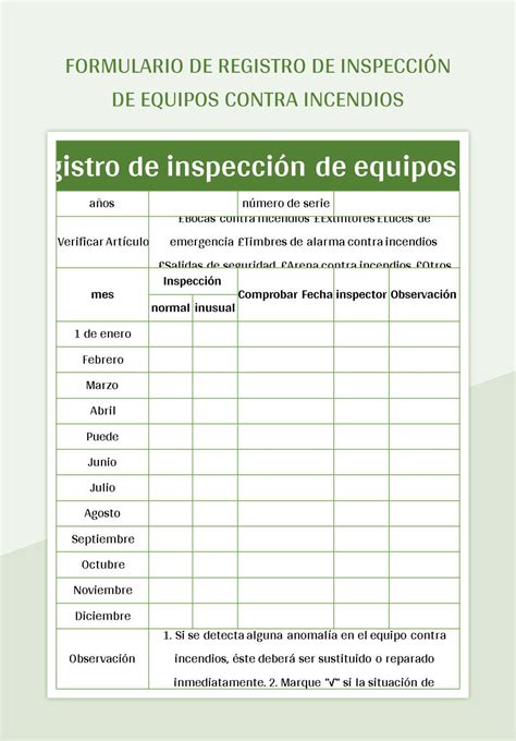 Plantilla de Formato Excel Formulario De Registro De Inspección De
