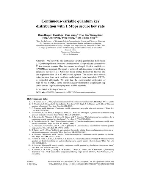 pdf continuous variable quantum key distribution with 1 mbps secure key rate