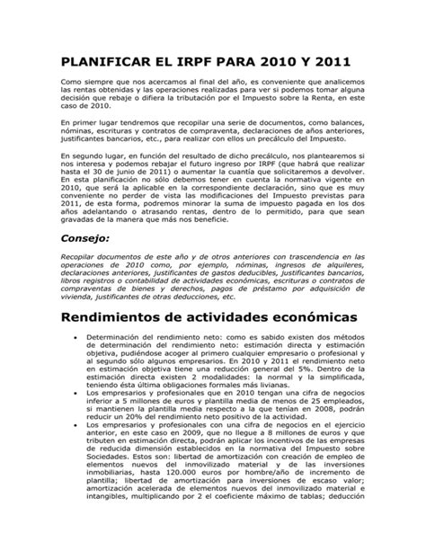 Planificar El IRPF Para 2010 Y 2011
