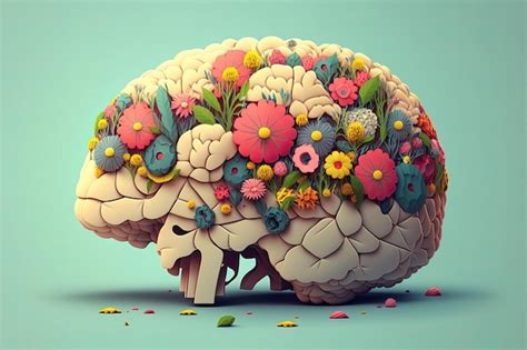 Árbol del cerebro humano con flores autocuidado y concepto de salud