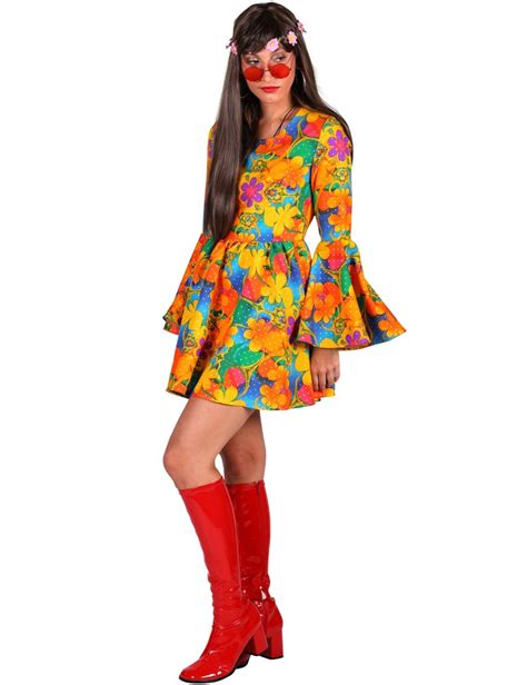 Hippie Kostüm Daisy für Damen Orange 60er 70er Jahre Flower Kleid