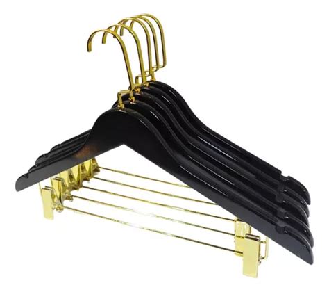 10 Peças Cabide De Madeira Preto Presilha Dourado Ouro