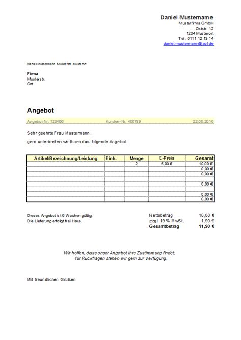 Excel Kostenlose Angebotsvorlagen Office Lernen