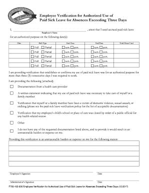 Fillable Online Employee Verification For Authorized Use Of Paid Sick