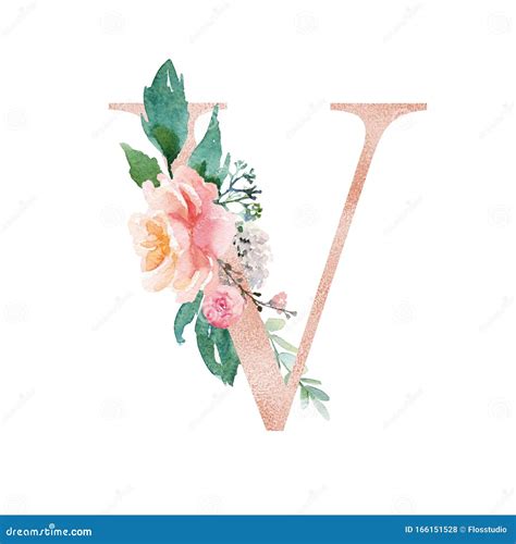 Floral Alphabet Blush Peach Color Letter V With Flowers Bouquet