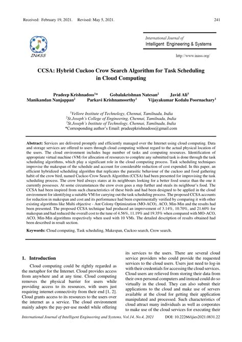 pdf ccsa hybrid cuckoo crow search algorithm for task scheduling in cloud computing