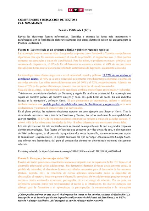 Fuentes Práctica Calificada 1 2022 marzo COMPRENSIÓN Y REDACCIÓN DE