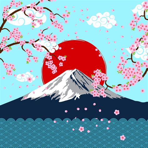 Japanese Art Mt Fuji With Cherry Blossom Vector Art At Vecteezy