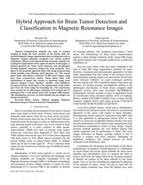 pdf hybrid approach for brain tumor detection and classification in magnetic resonance images