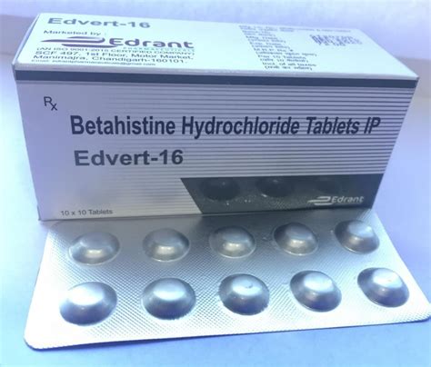 16 Mg Edvert 16 Betahistine HCL Tablets Packaging Size 10 X 10 Rs