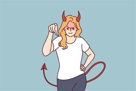 Premium Vector Woman Demon With Horns And Tail Points Her Finger At Screen And Looks At You