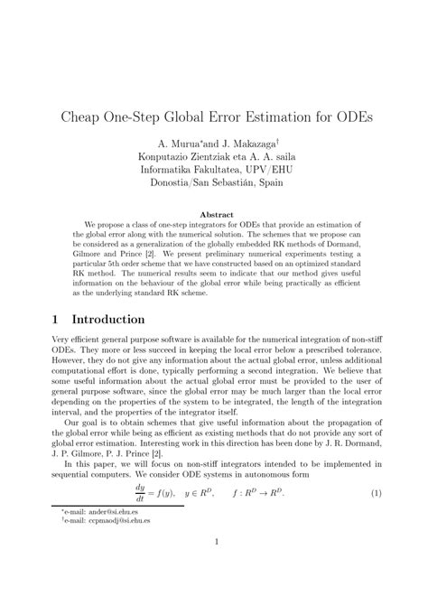 pdf cheap one step global error estimation for odes