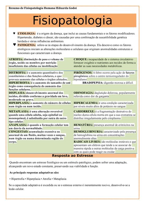 Resumo De Fisiopatologia Humana I Lesao Celular Fisiopatologia