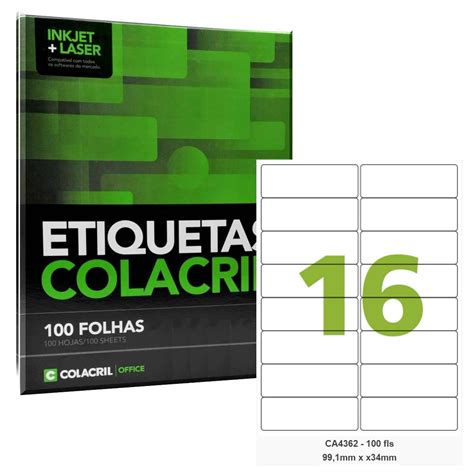 Etiqueta Adesiva A4 Ca4362 99 1x34 Colacril 100 Fls R 39 90 Em