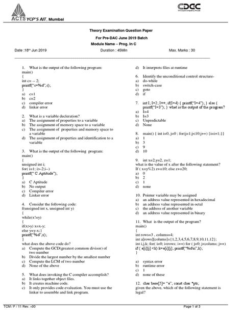 pre dac practice paper pdf integer computer science computer program