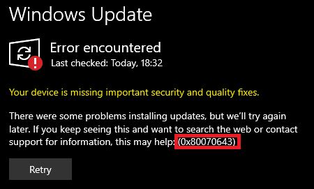 Fixing Windows Update Error Code 0x80070643