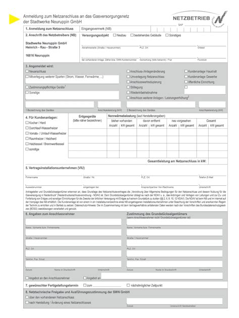 Fillable Online Swn Anmeldung Zum Netzanschluss An Das