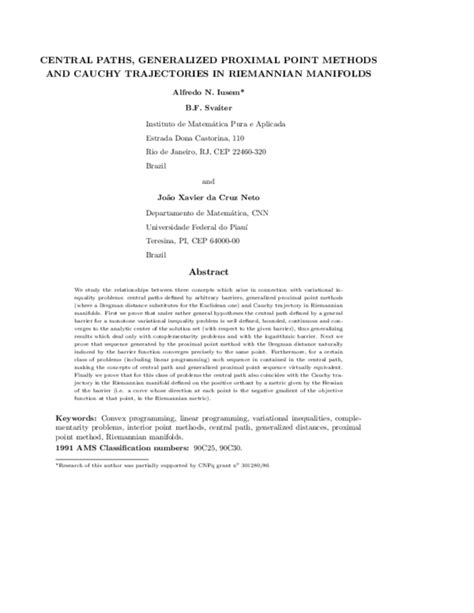 pdf central paths generalized proximal point methods and cauchy trajectories in riemannian