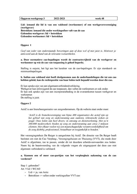AR 2022 Opg Wg 3 Werkgroepuitwerkingen Arbeidsrecht Week 3 Opgaven