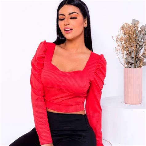 Cropped Canelado Manga Longa Princesa Bufante Bojo Feminino