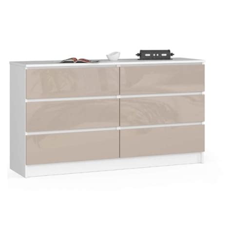 Commode Akord K140 Blanche 138 Cm 6 Tiroirs Façade Cappuccino Brillant