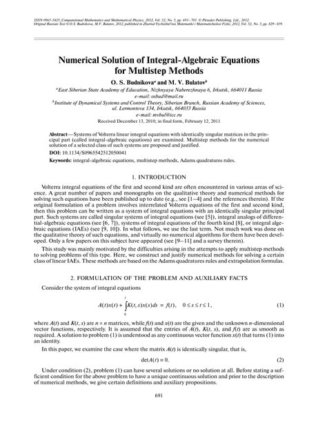 pdf numerical solution of integral algebraic equations for multistep methods