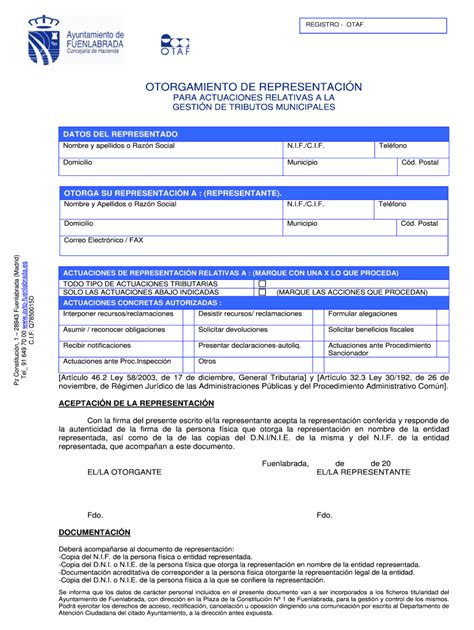 Completable En línea ayto fuenlabrada OTORGAMIENTO DE REPRESENTACIN