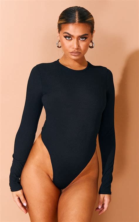 Black Basic Soft Ribbed Long Sleeve Bodysuit Prettylittlething Usa