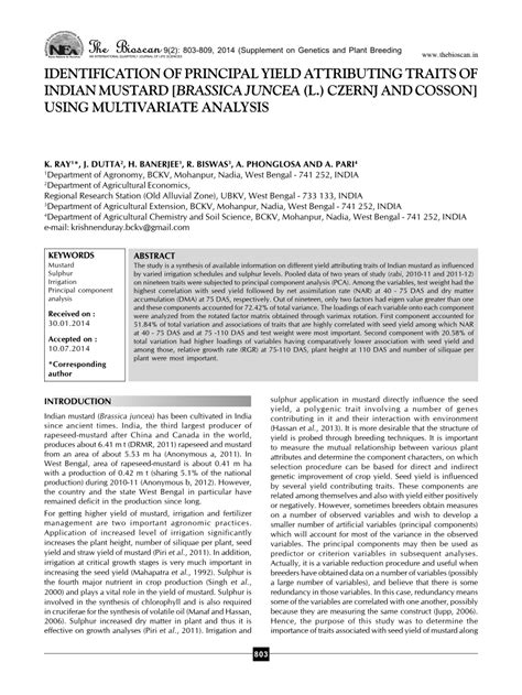pdf identification of principal yield attributing traits of indian mustard [brassica juncea l