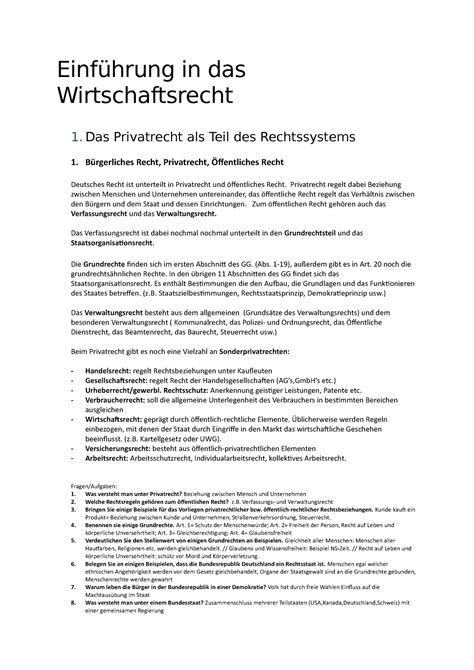 Wirtschaftsrecht Zusammenfassung Lösungen der Fragen Einführung in