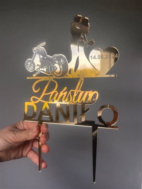 Personalizowany Topper na tort weselny Para Młoda Motocykl złoty