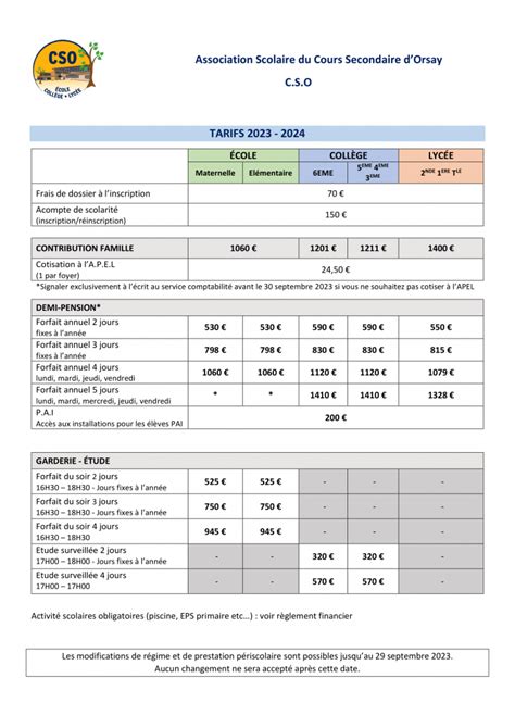 Tarifs 2023 2024 Cours Secondaire Orsay