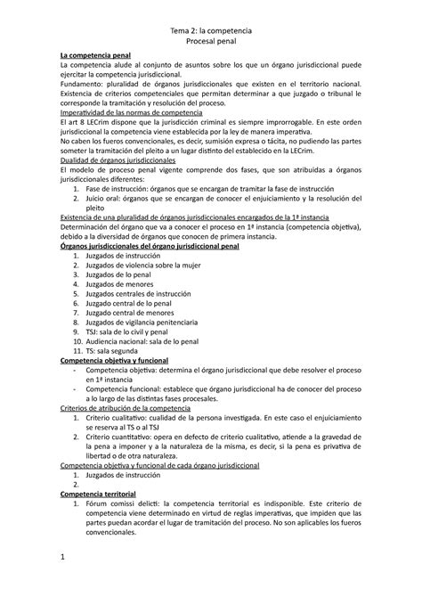 Tema 2 Resumen Tema 2 Derecho Procesal Penal Tema 2 La Competencia