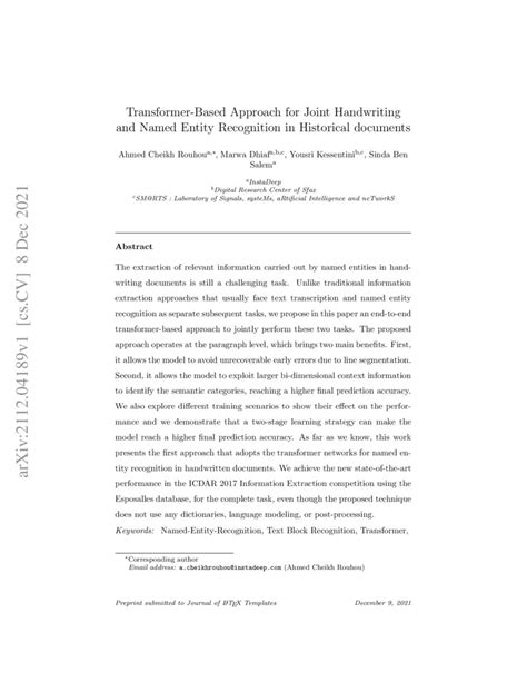 transformer based approach for joint handwriting and named entity recognition in historical