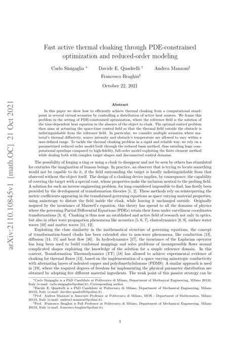 pdf fast active thermal cloaking through pde constrained optimization and reduced order modeling