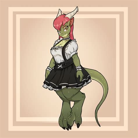 109387 Safe Artistlouart Lizard Reptile Anthro Barmaid Female High Res Horns Solo